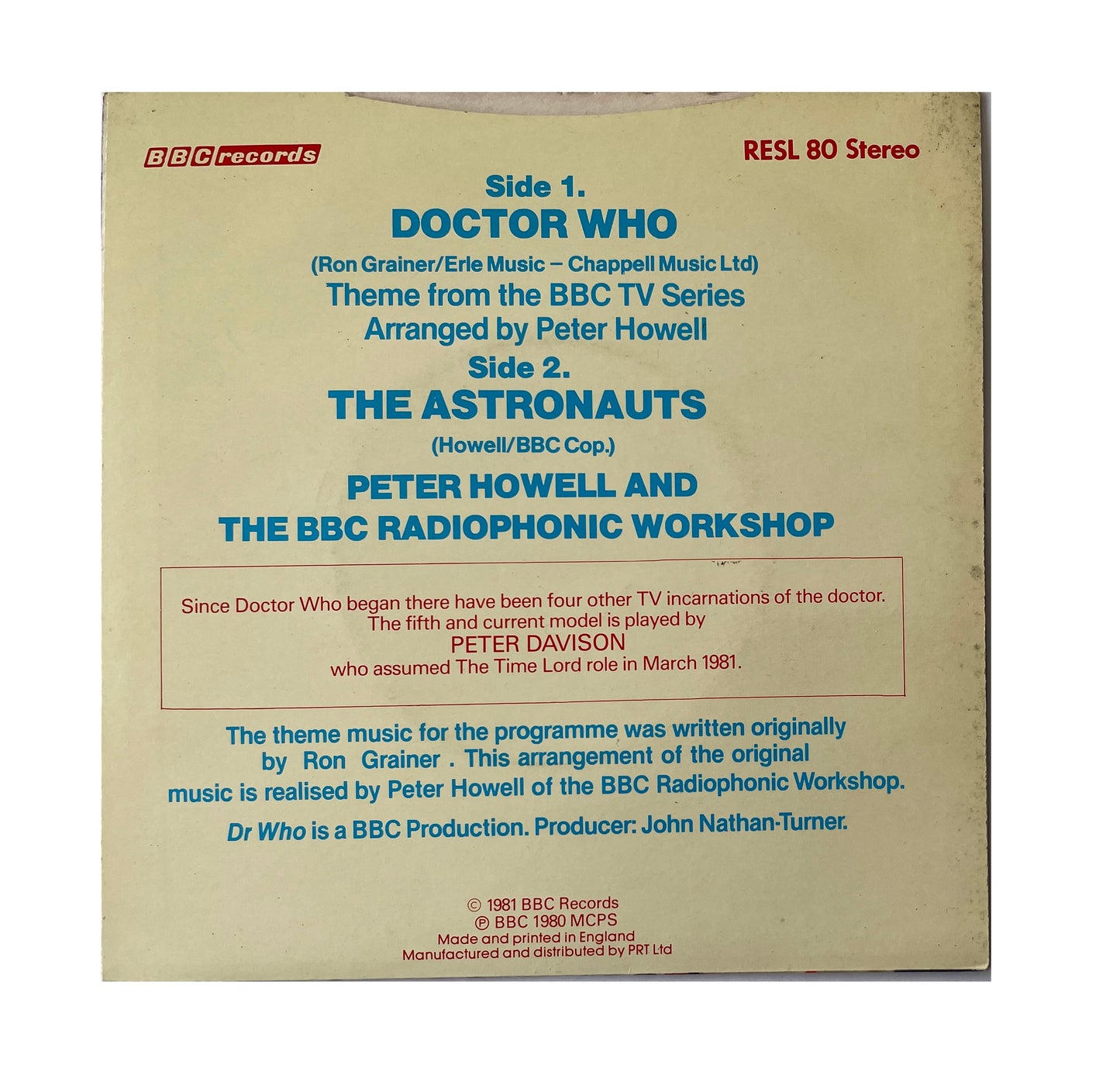 Vintage 1981 Doctor Dr Who Theme From The TV Series 7 Inch Vinyl Recor ...